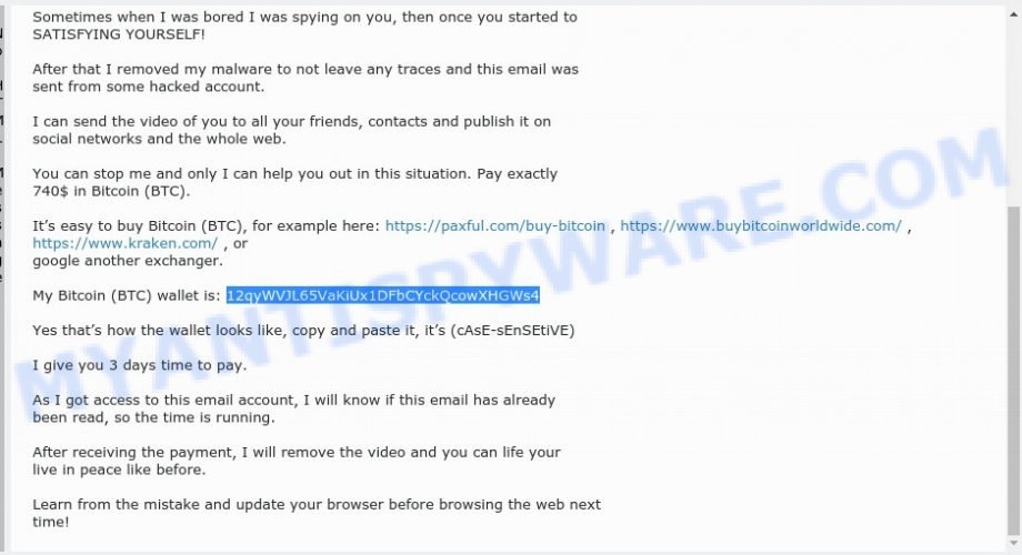 12qyWVJL65VaKiUx1DFbCYckQcowXHGWs4 Bitcoin Email Scam