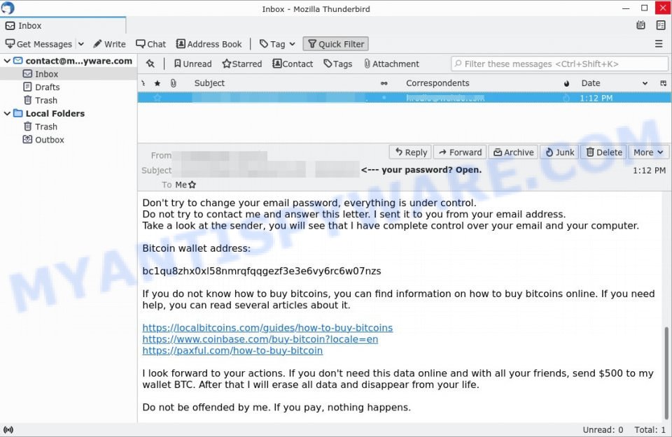 Your computer was infected with my malware EMAIL SCAM