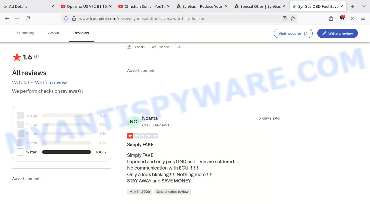 SynGas Reviews, Fake OBD2 Fuel Saver Scam Exposed - MyAntiSpyware